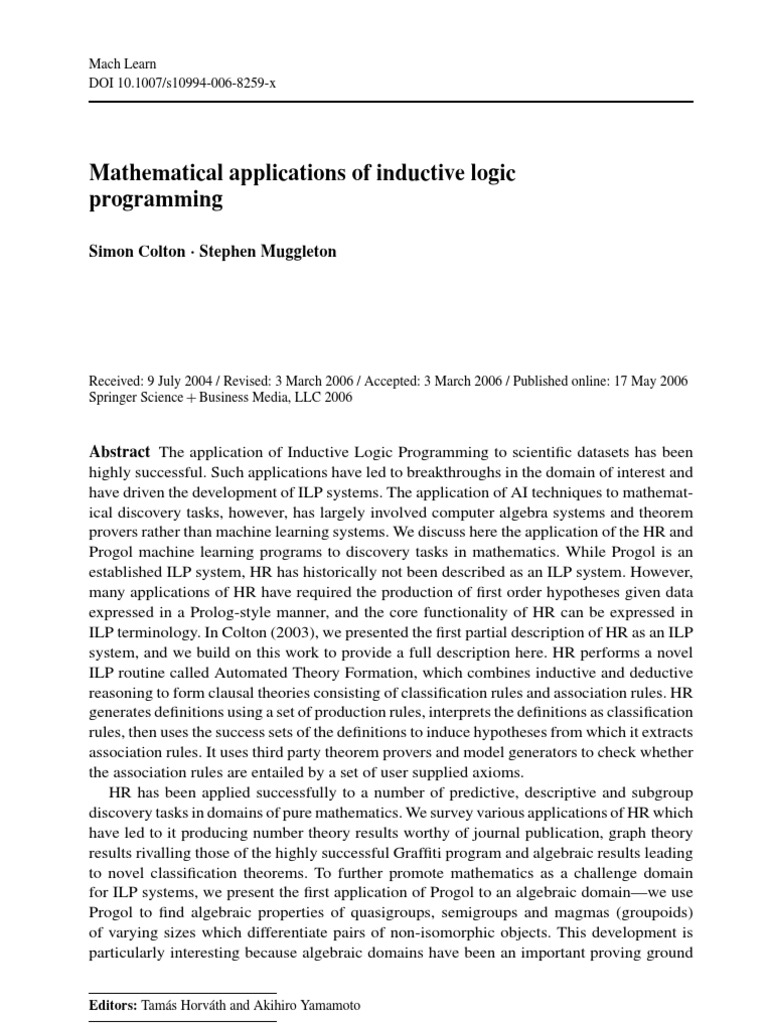 Mathematical Applications of Inductive Logic Programming: Simon Colton | PDF | First Order Logic ...