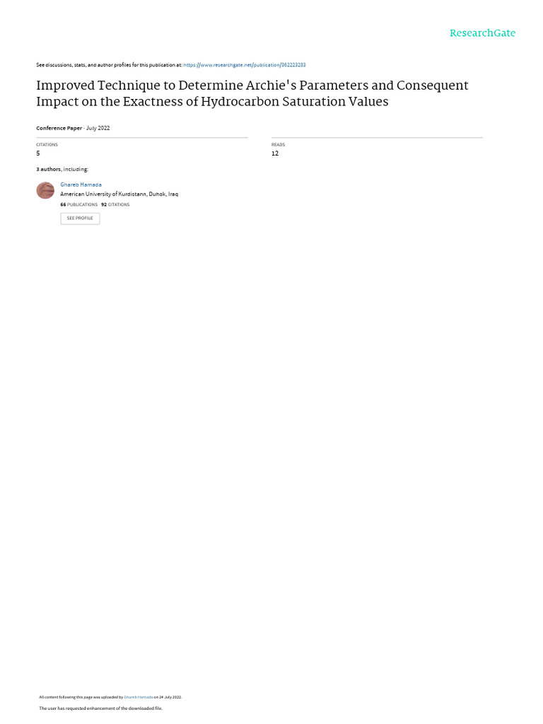 Improved Technique To Determine Archie's Parameters and Consequent Impact On The Exactness of ...