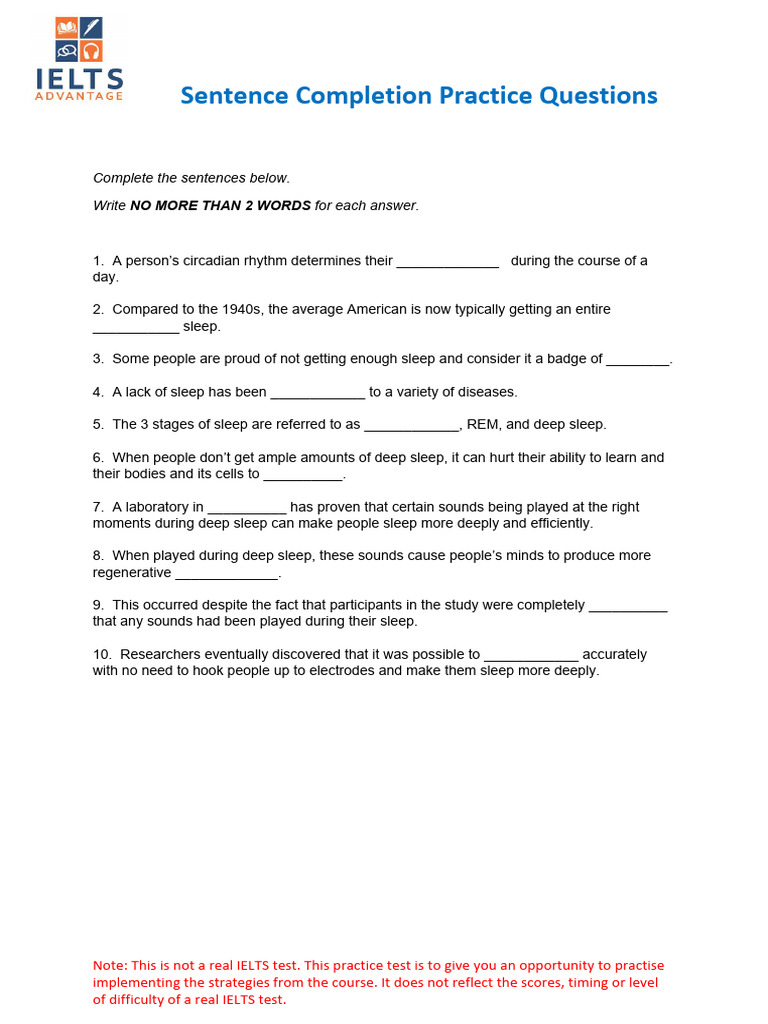 Sentence Completion Practice Questions 1 | PDF | Sleep | Rapid Eye ...
