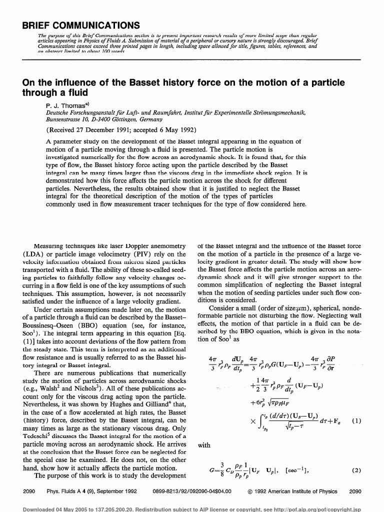 Basset Force | PDF | Drag (Physics) | Fluid Dynamics