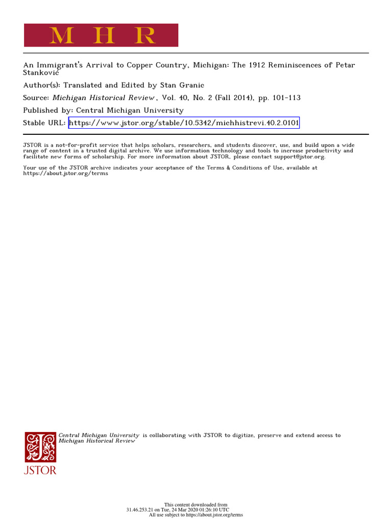 Granic 2014 - An Immigrant's Arrival To Copper Country, Michigan | PDF ...