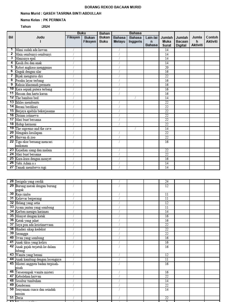 Borang Rekod Bacaan Nilam 2024 | PDF
