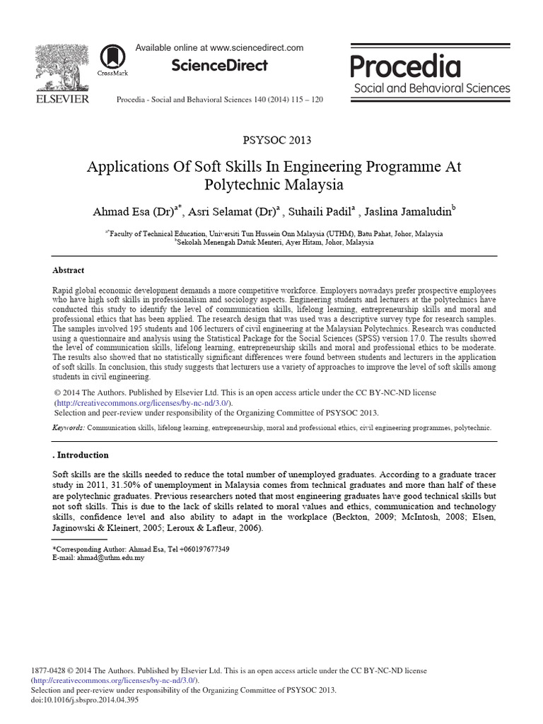 Applications of Soft Skills in Engineering Pro - 2014 - Procedia - Social and Be | PDF | Skill ...