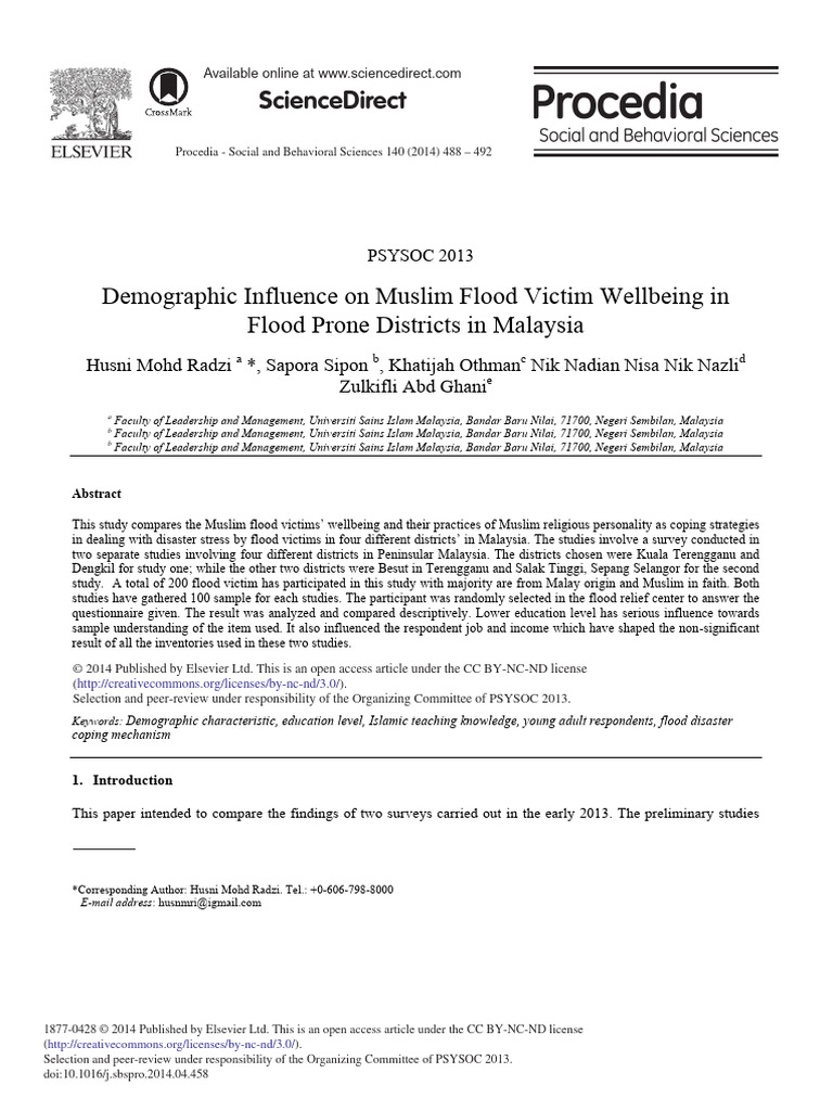 Demographic Influence On Muslim Flood Victim Well 2014 Procedia Social and | PDF | Survey ...