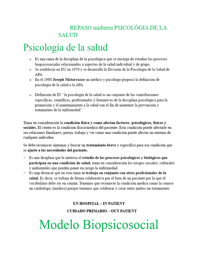 REPASO Midterm PSICOLÓGIA DE LA SALUD | PDF | Salud psicológica | Sicología