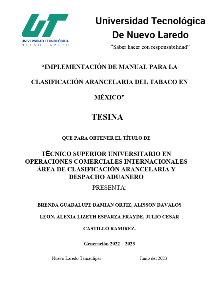 Tesina UTNL 2023-4 | PDF | aduana | Arancel