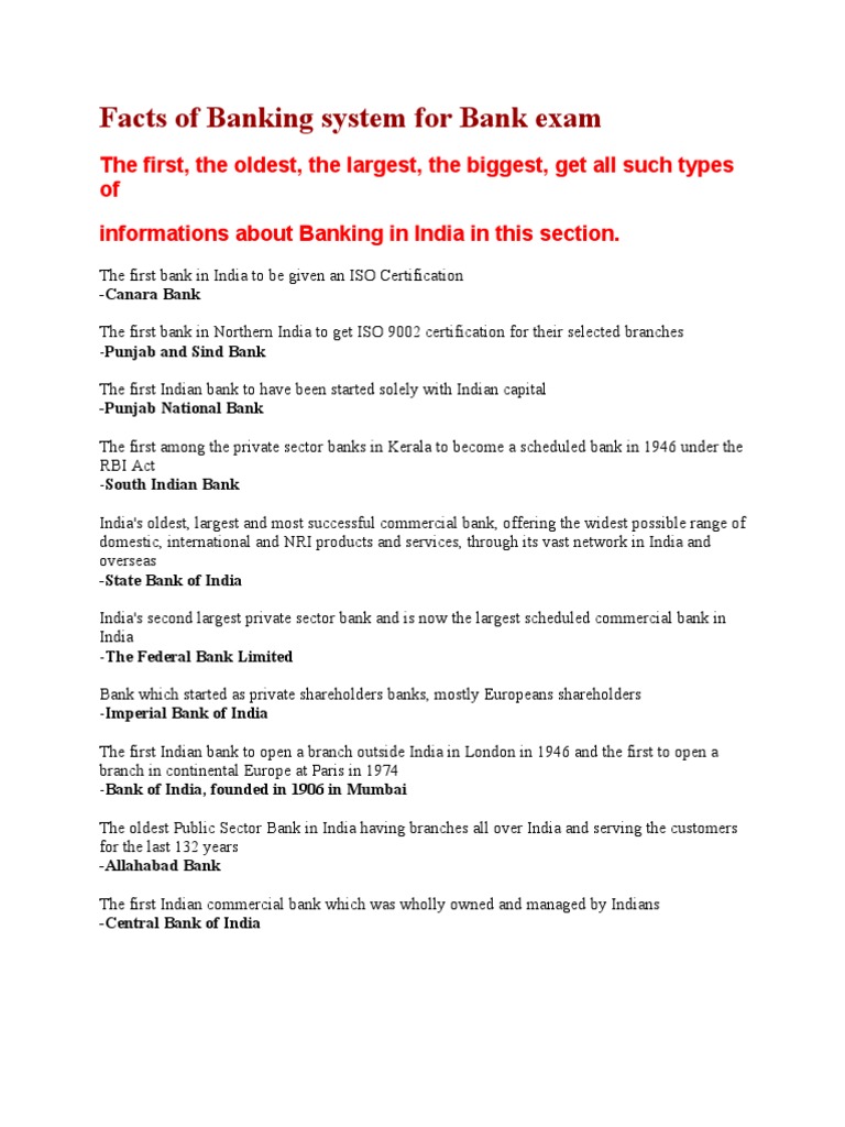 Facts of Banking System For Bank Exam | PDF | Banks | Economy Of India