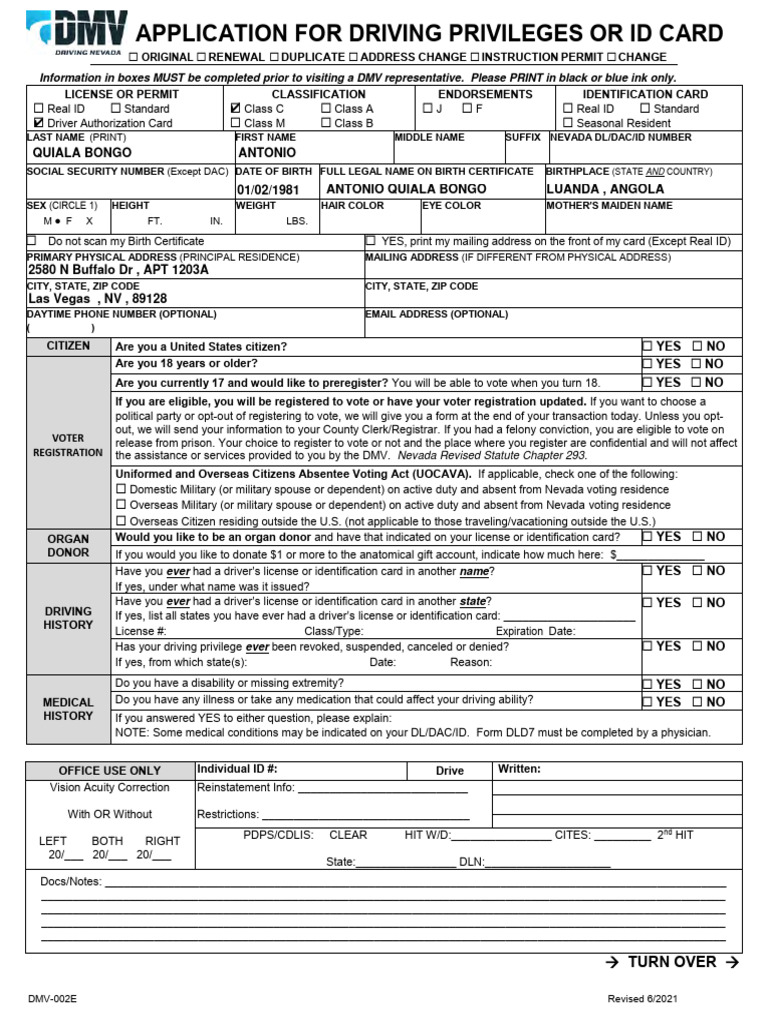 DMV 002 - Driver's License or Identification Card Application - English ...