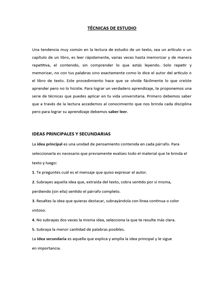 Tecnicas de Estudio | Descargar gratis PDF | Hora | Habilidades de estudio