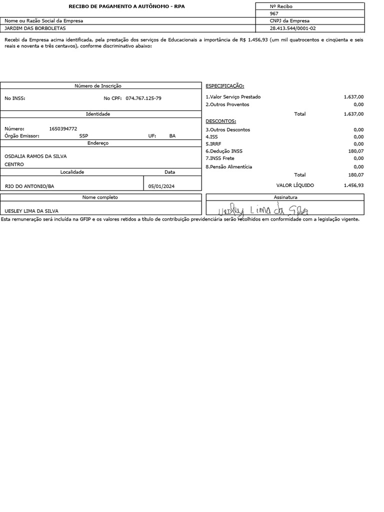 Recibo RPA Uesley Lima Da Silva | PDF