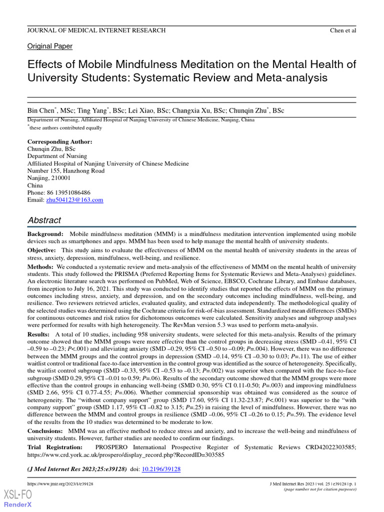 Effects of Mobile Mindfulness Meditation on the Mental Health of University Students: Systematic ...