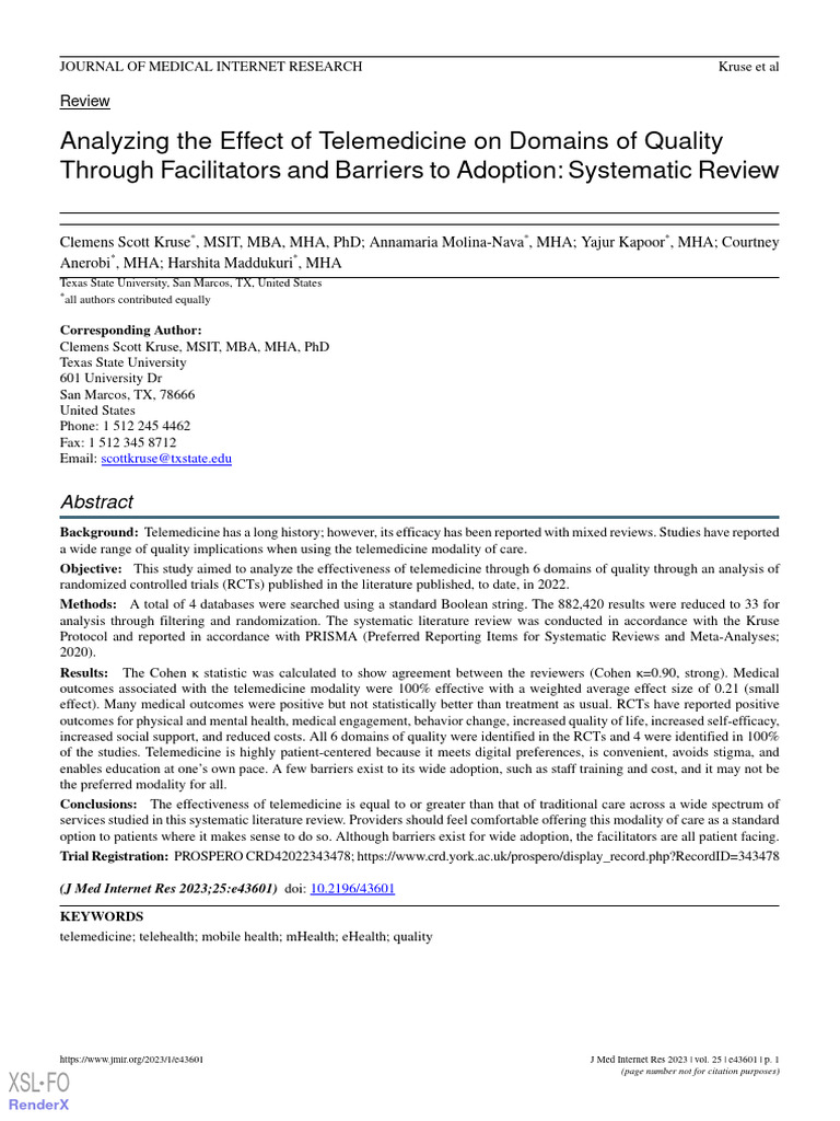 Analyzing the Effect of Telemedicine on Domains of Quality Through Facilitators and Barriers to ...