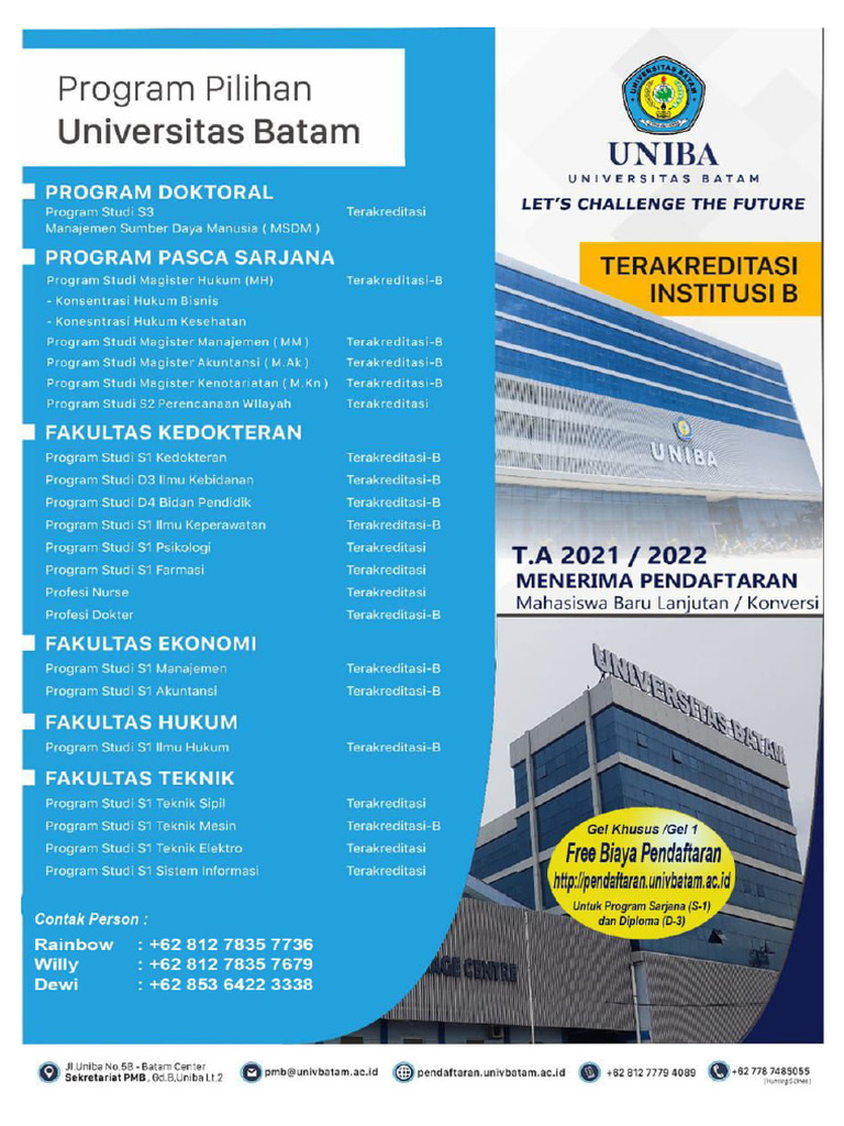 Brosur Uniba Dan Rincian S1 Dan S2 | PDF
