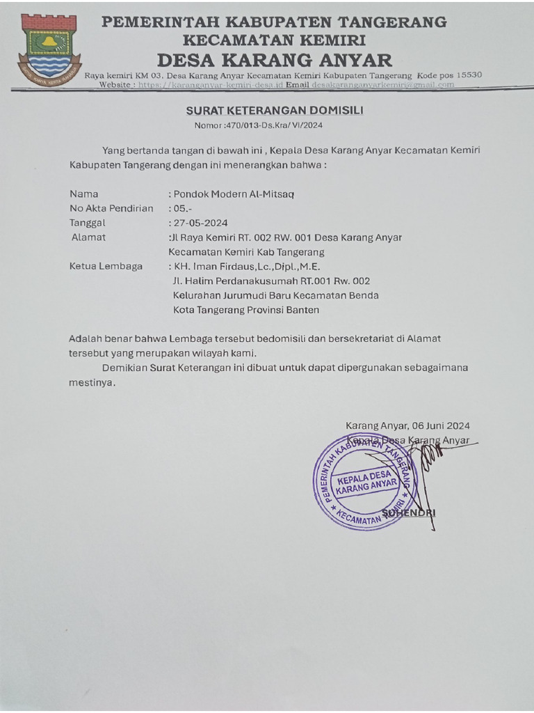 Surat Keterangan Domisili Pondok | PDF