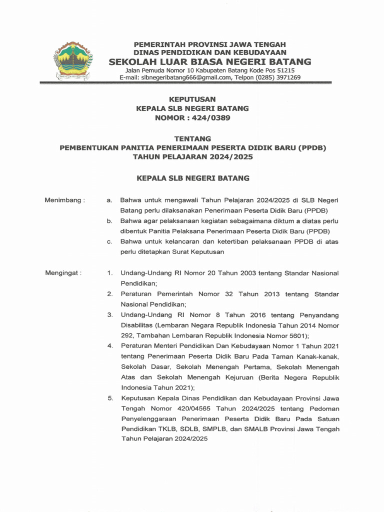 SK Panitia PPDB SLB N Batang Ta 2024-2025 | PDF