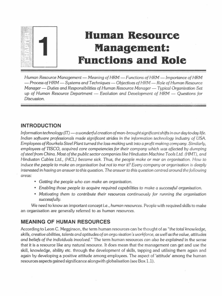 Chapter 1 - Human Resource Management - Functions and Role | PDF | Welfare | Human Resource ...
