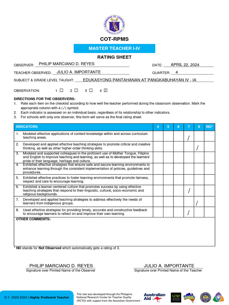 (Appendix C-06) COT-RPMS Rating Sheet For MT I-IV For SY 2023-2024 ...