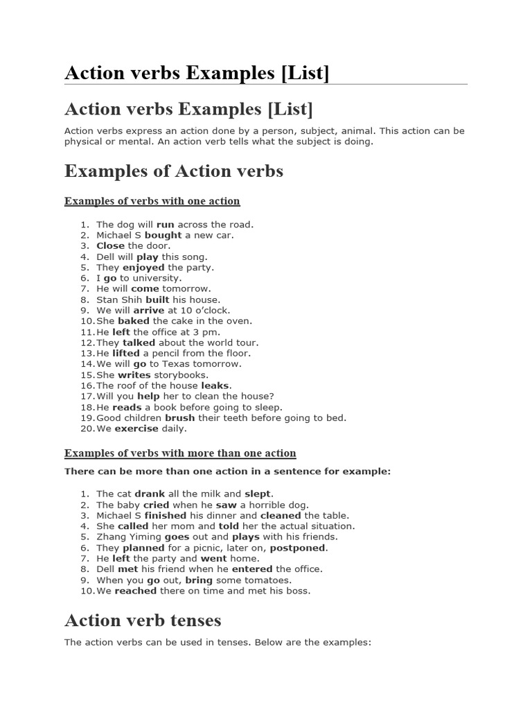 Action Verbs Examples | Download Free PDF | Memorandum | Grammatical Tense