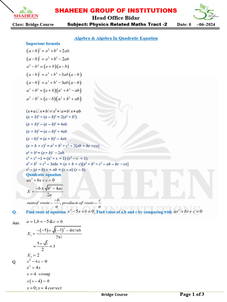 Bridge Course Physics Related Maths Tract - 2 | PDF | Equations ...