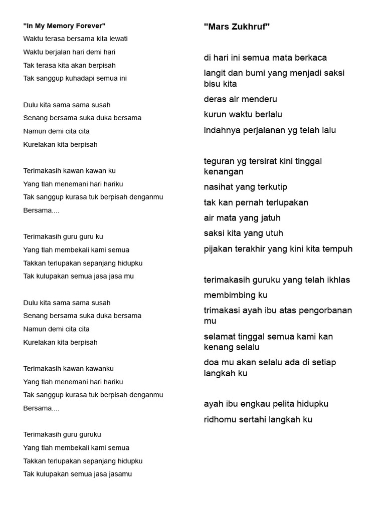 Lirik Lagu in My Memory 4ever Mars Zukhruf | PDF