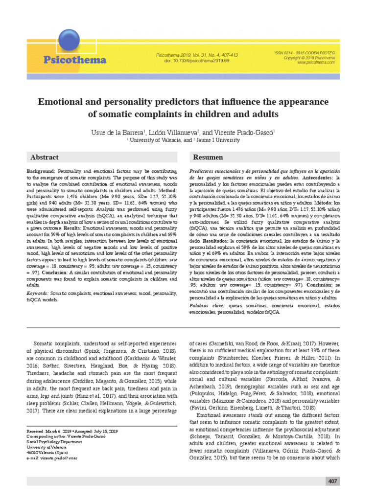 Emotional and Personality Predictors That Infl Uence The Appearance of Somatic Complaints in ...