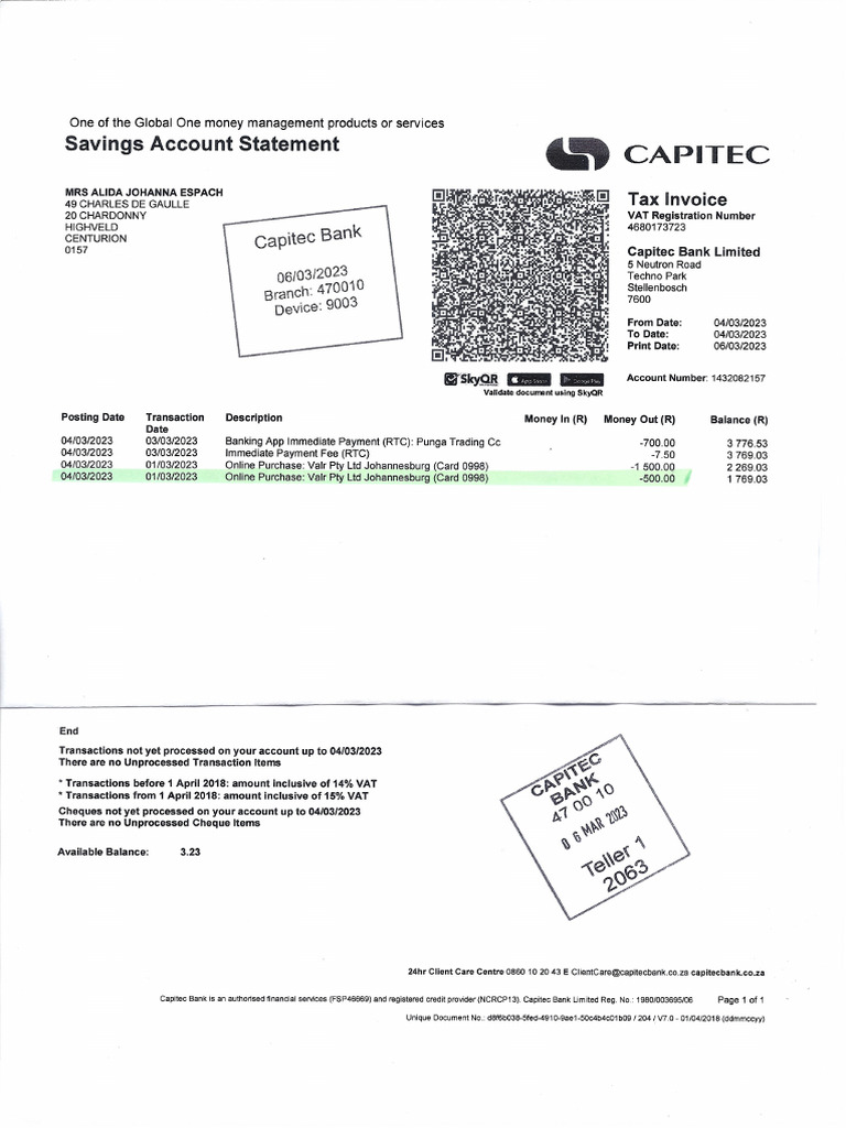 Capitec Payment of The 1st of March | PDF