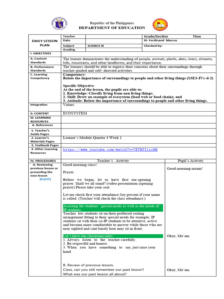 Daily Lesson Plan: Ecosystem for Grade 3 | PDF | Ecosystem | Foods