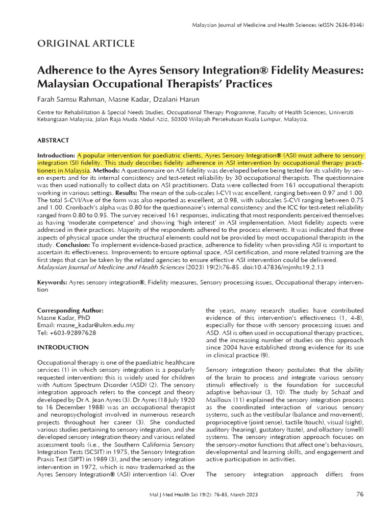 Adherence To The Ayres Sensory Integration | Download Free PDF ...