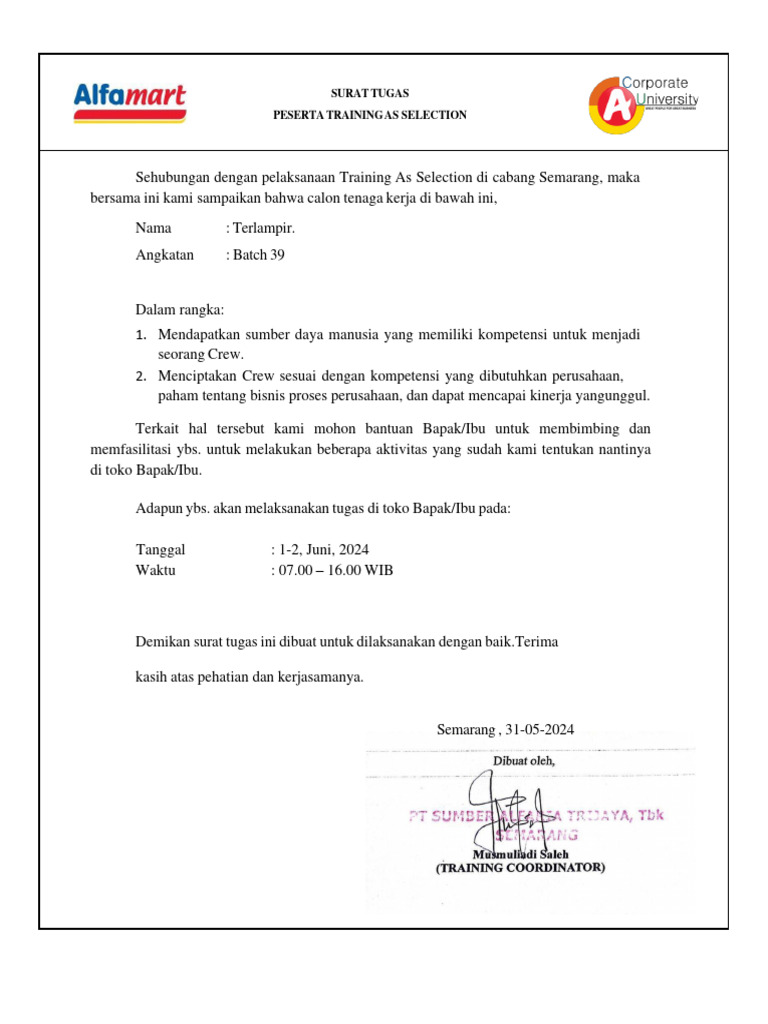 Surat Tugas Training Crew Semarang | PDF