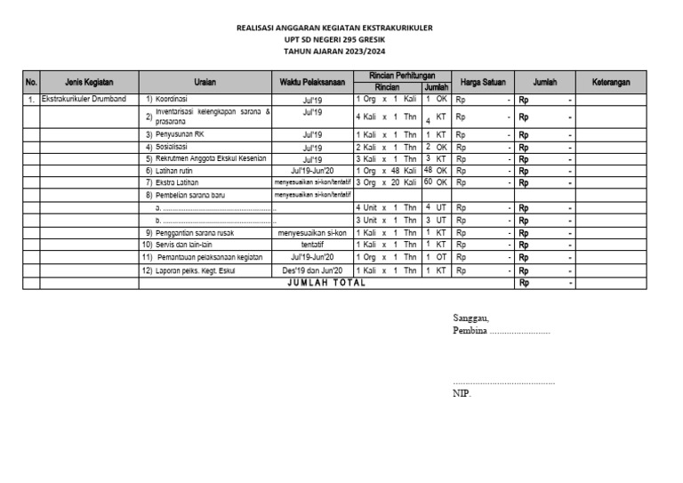 Contoh Tabel Penghitungan Anggaran Kegiatan Eskul | PDF