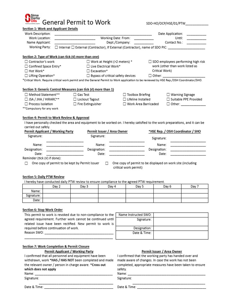 01 General Permit To Work | PDF | Labor Relations | Working Conditions