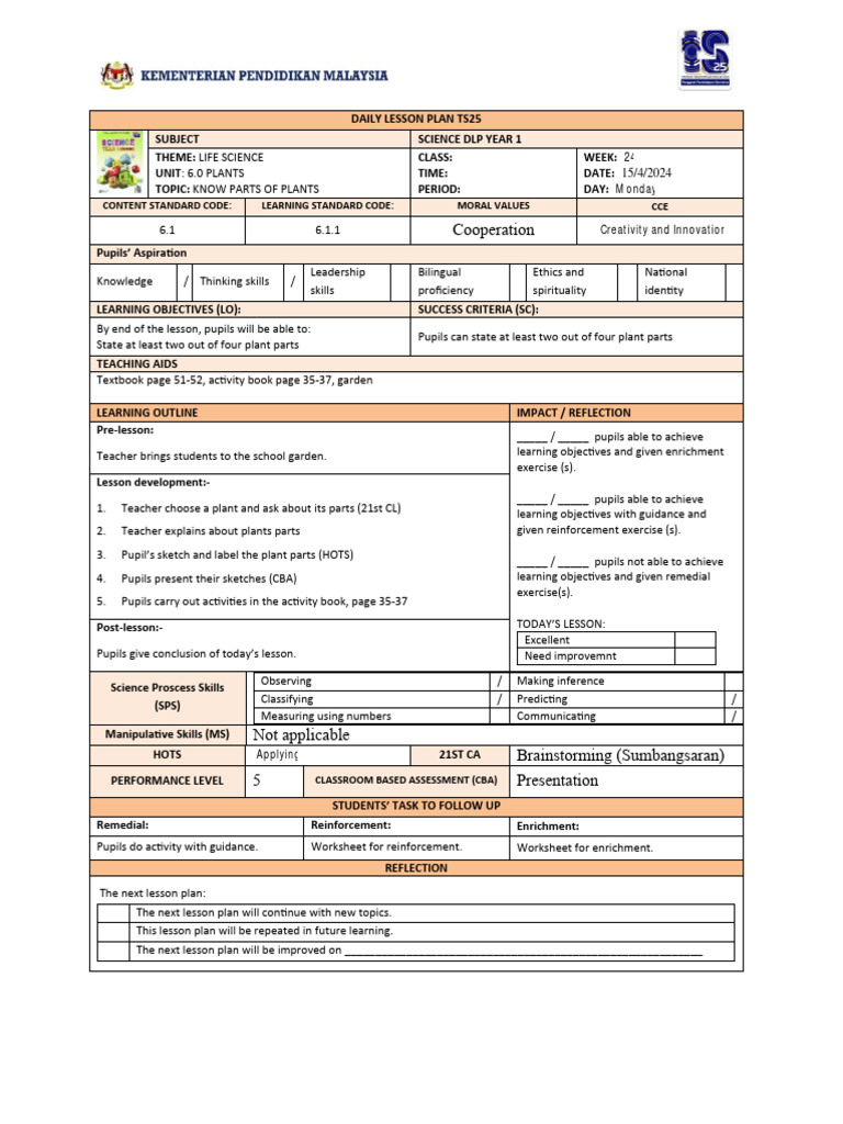 SC DLP Y1 TS25 (Unit 6) (Week 24-26) | PDF | Lesson Plan | Teachers