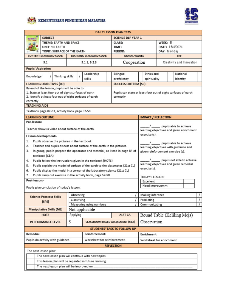 SC DLP Y1 TS25 (Unit 9) (Week 35-36) | PDF | Lesson Plan | Teachers