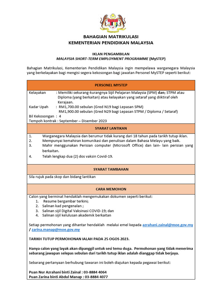 Iklan Pengambilan Malaysia Short-Term Employment Programme (MySTEP) B ...