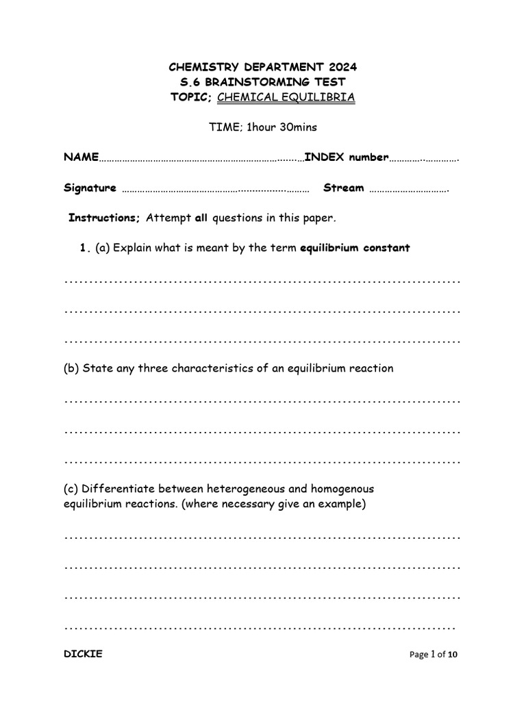 s.6 Chemical Equilibria Test One | PDF | Chemical Equilibrium ...