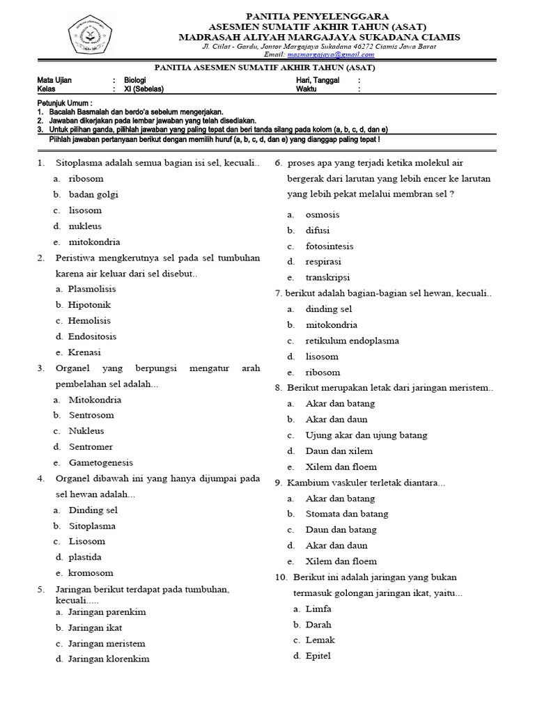 Soal Asat Biologi Kls Xi-1 | PDF