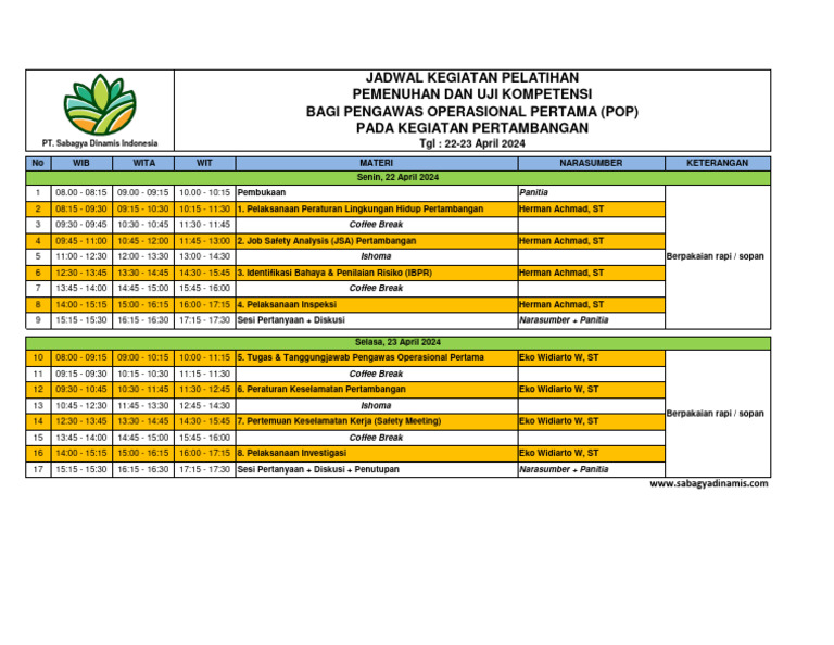 Jadwal Diklat Online POP Batch 4 TGL 22-23 April 2024 | PDF