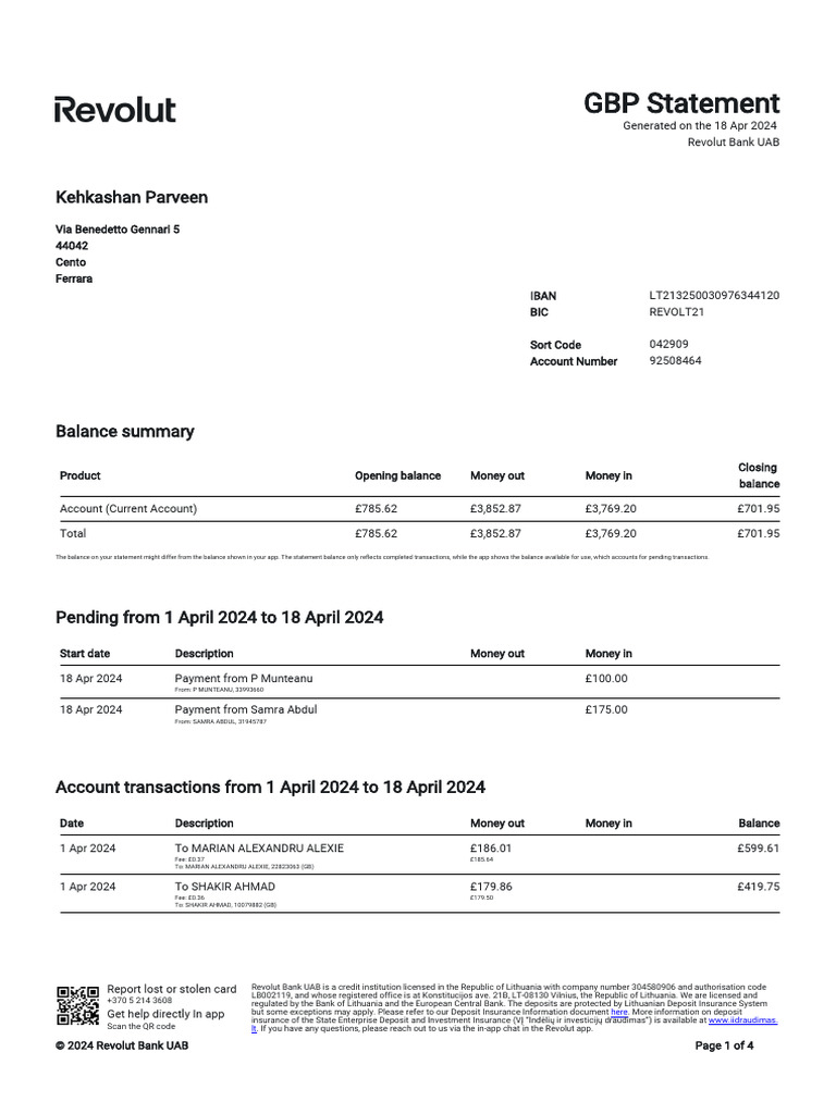 Revolut GBP Account Statement April 2024 | PDF | Banks | Transaction ...