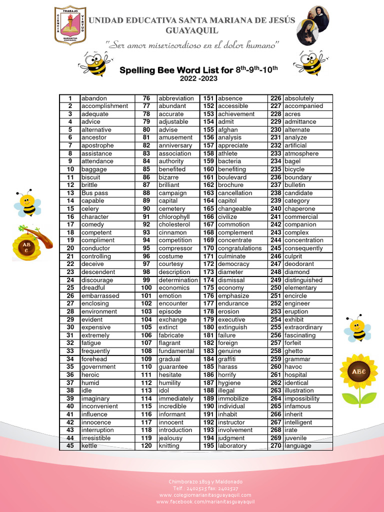 ♦ Spelling words list 8-9-10 TERCER NIVEL ♦ | PDF