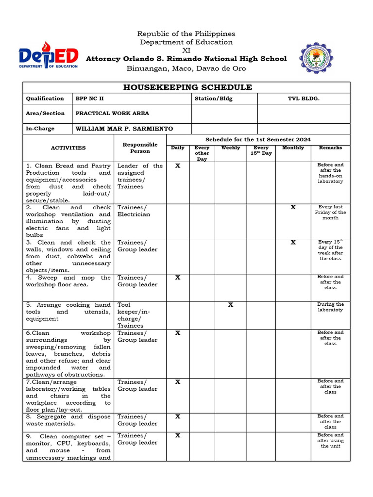 Housekeeping Schedule | PDF | Housekeeping