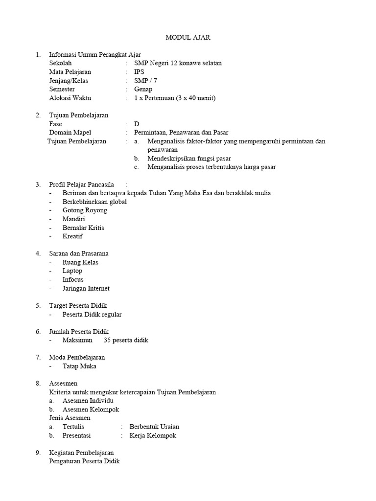 Modul Ajar Permintaan Dan Penawaran Kelas 7 | PDF