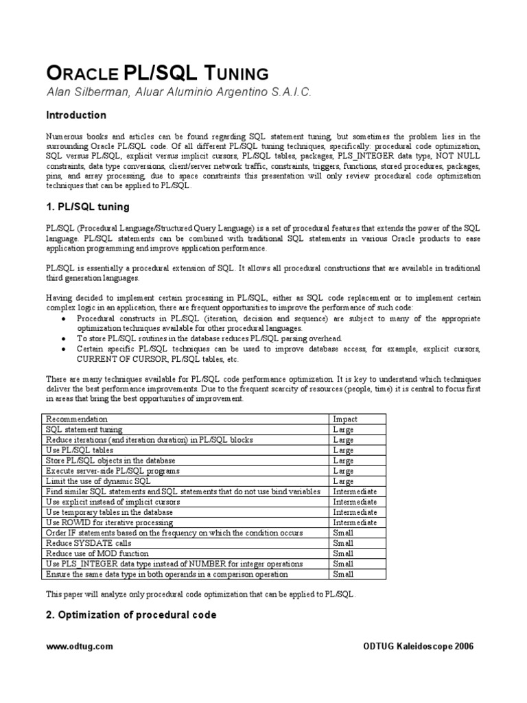 Oracle PLSQL Tuning | PDF | Pl/Sql | Sql