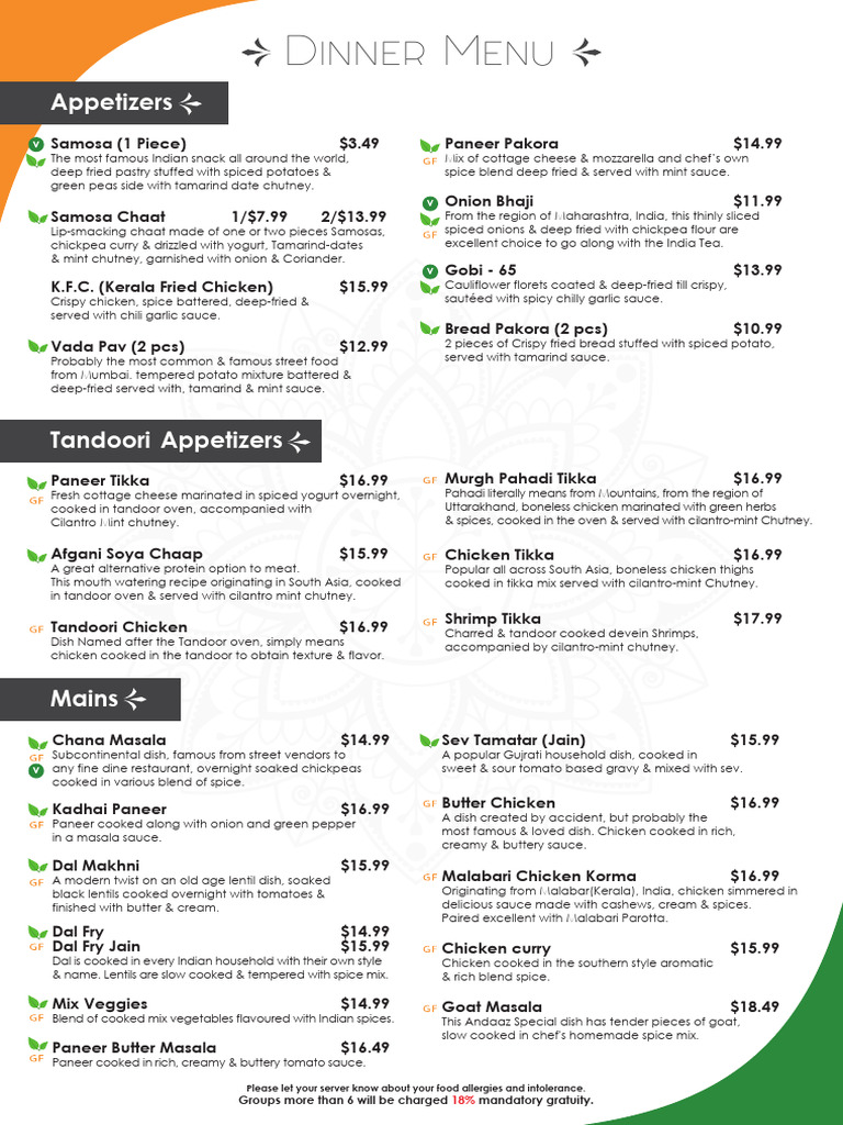 Andaaz Dinner Menu | Download Free PDF | Indian Cuisine | Chutney