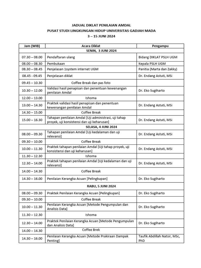 Jadwal Diklat Penilaian Amdal UGM 2024 | PDF
