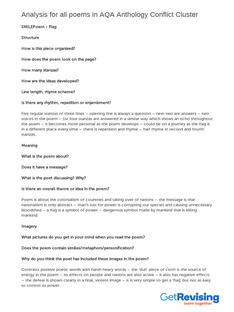 Analysis For All Poems in AQA Anthology Conflict Cluster | PDF | Poetry ...
