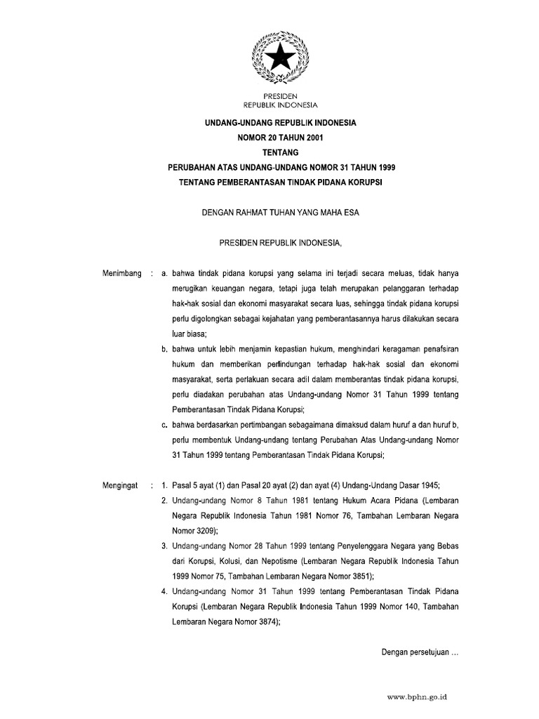 UU 20 - 2001 Pemberantasan Tipikor | PDF