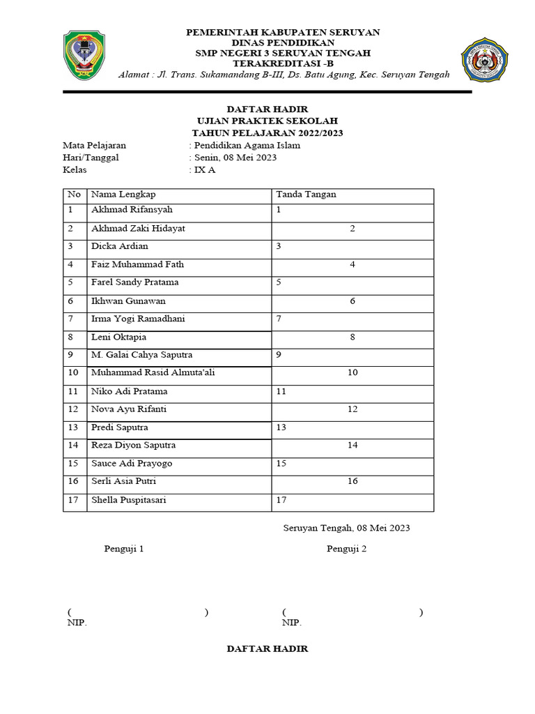 Daftar Hadir Ujian Praktek | PDF