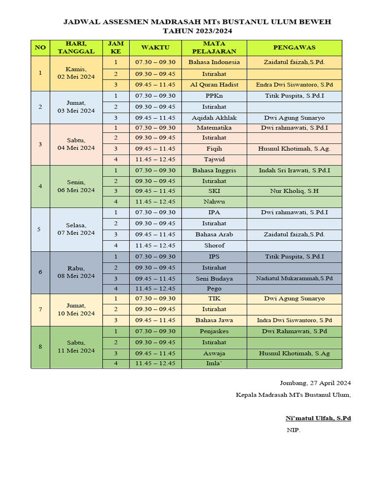 Jadwal Ujian MTs Bustanul Ulum | PDF