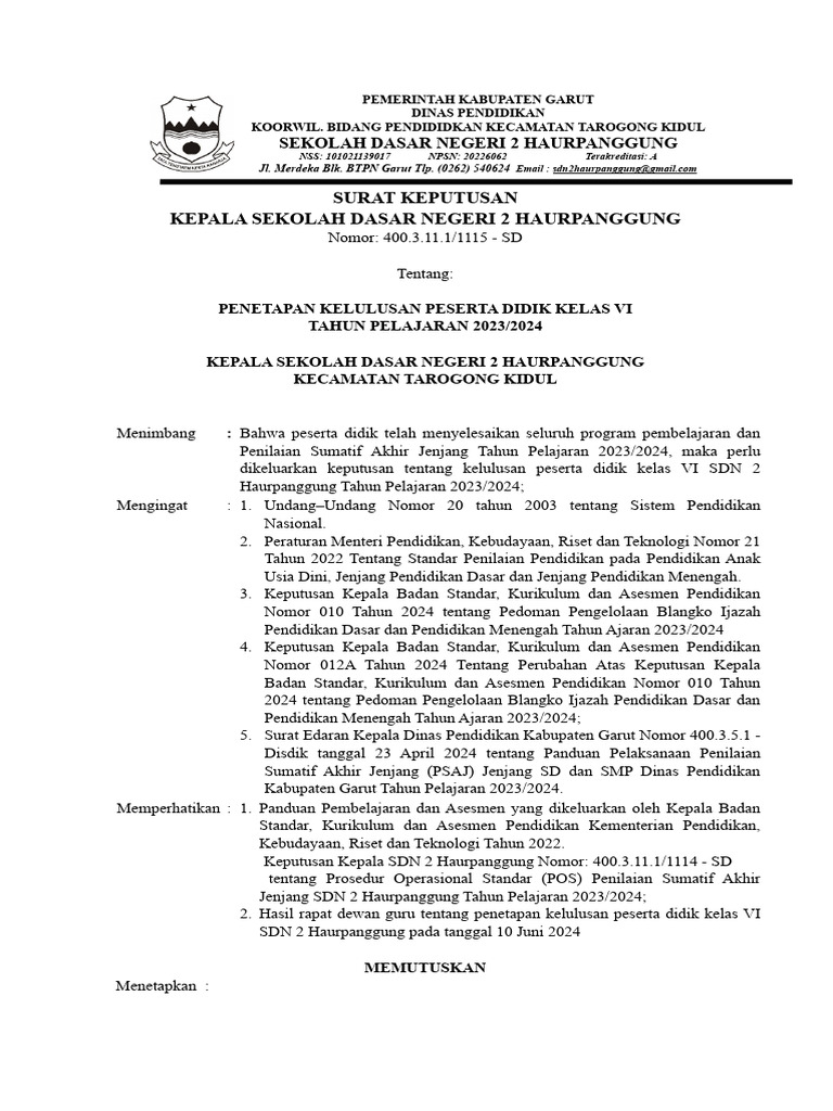 CONTOH SK PENETAPAN KELULUSAN 2024 | PDF CONTOH SK PENETAPAN KELULUSAN 2024 | PDF