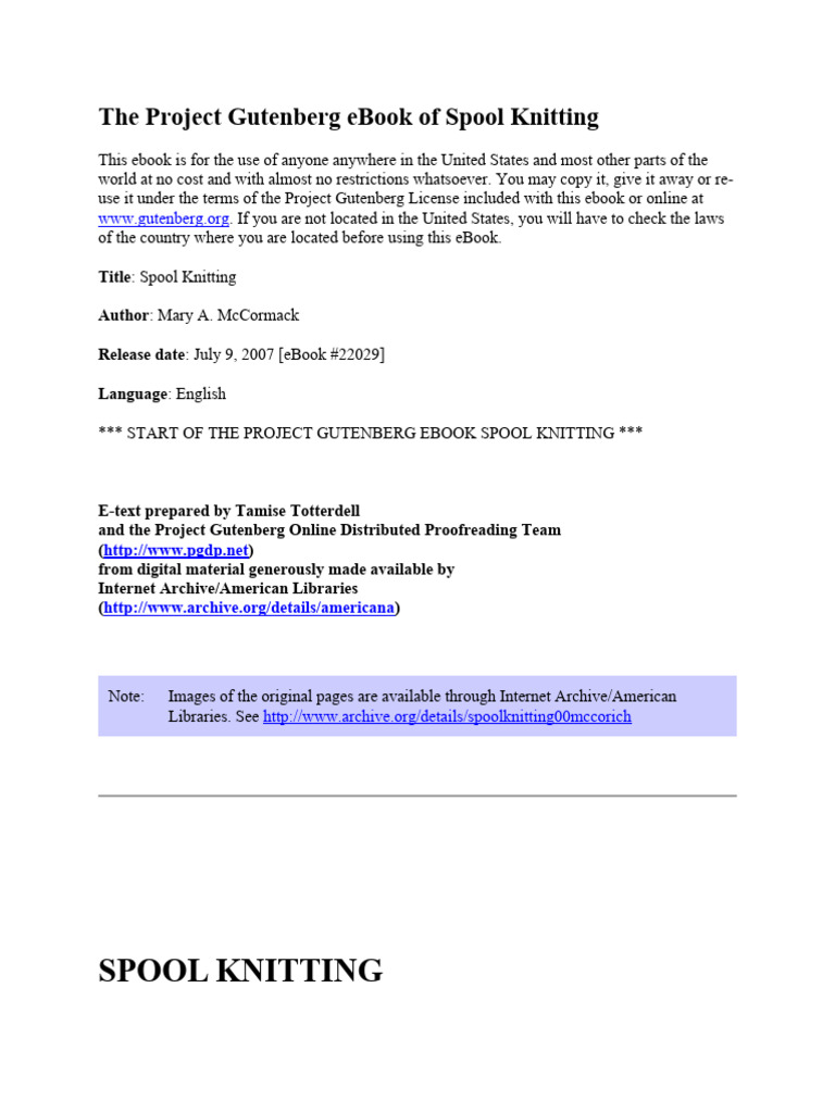 Spool Knitting | PDF | Knitting | Project Gutenberg